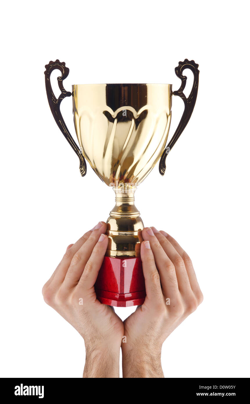 Hands with winners cup on white Stock Photo - Alamy