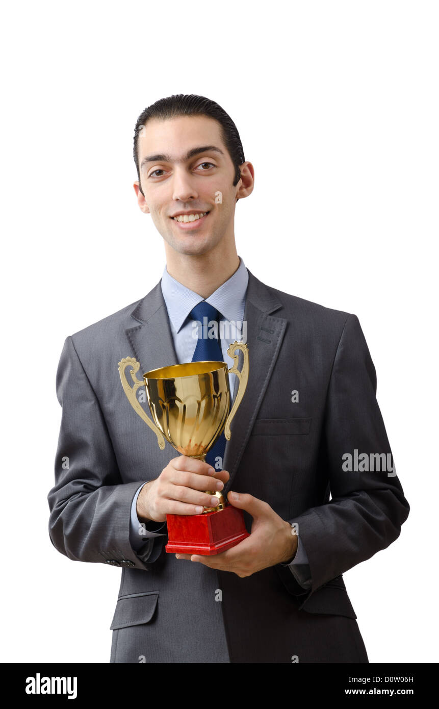 Man being awarded with golden cup Stock Photo - Alamy