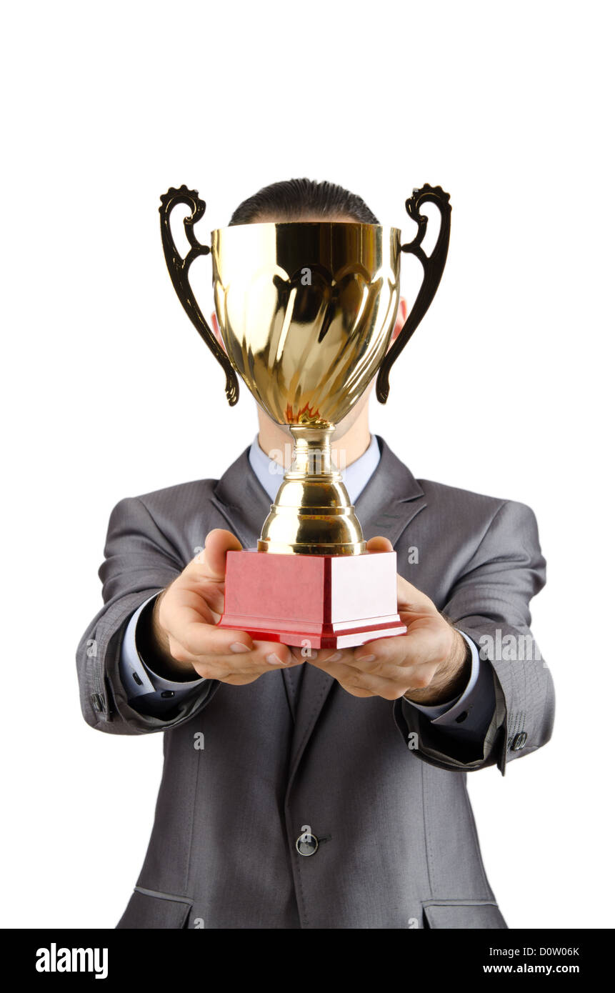 Man being awarded with golden cup Stock Photo - Alamy