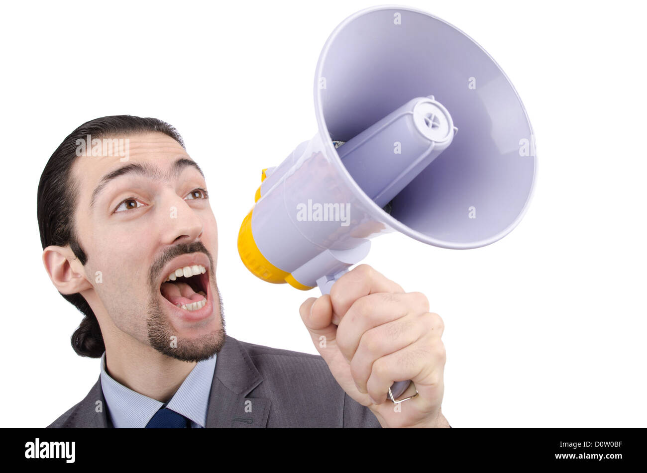 Man shouting and yelling with loudspeaker Stock Photo - Alamy