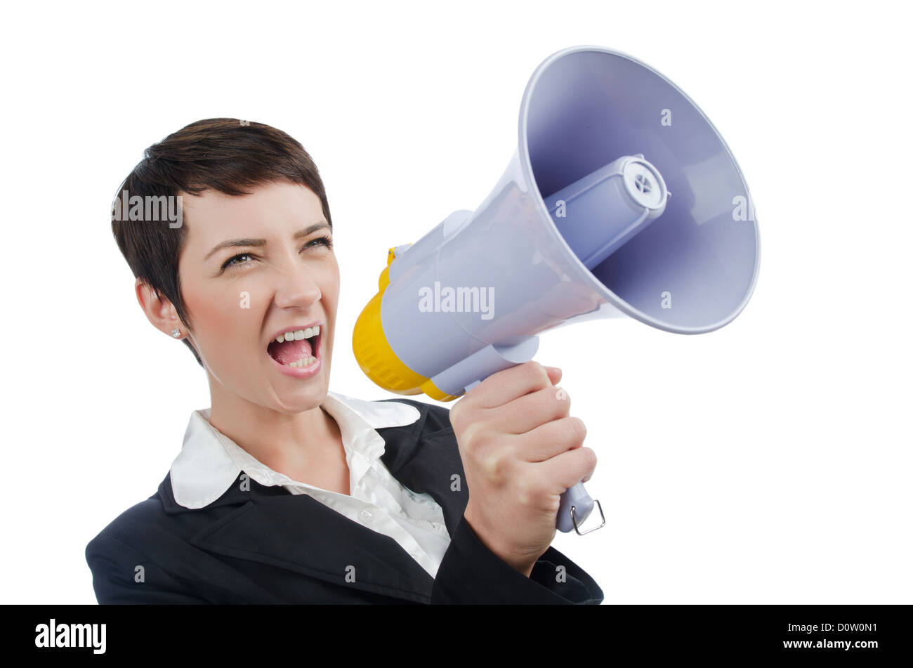 Young business lady screaming to loudspeaker Stock Photo - Alamy