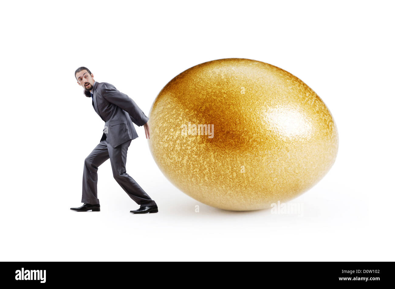 Man and golden egg isolated on white Stock Photo - Alamy