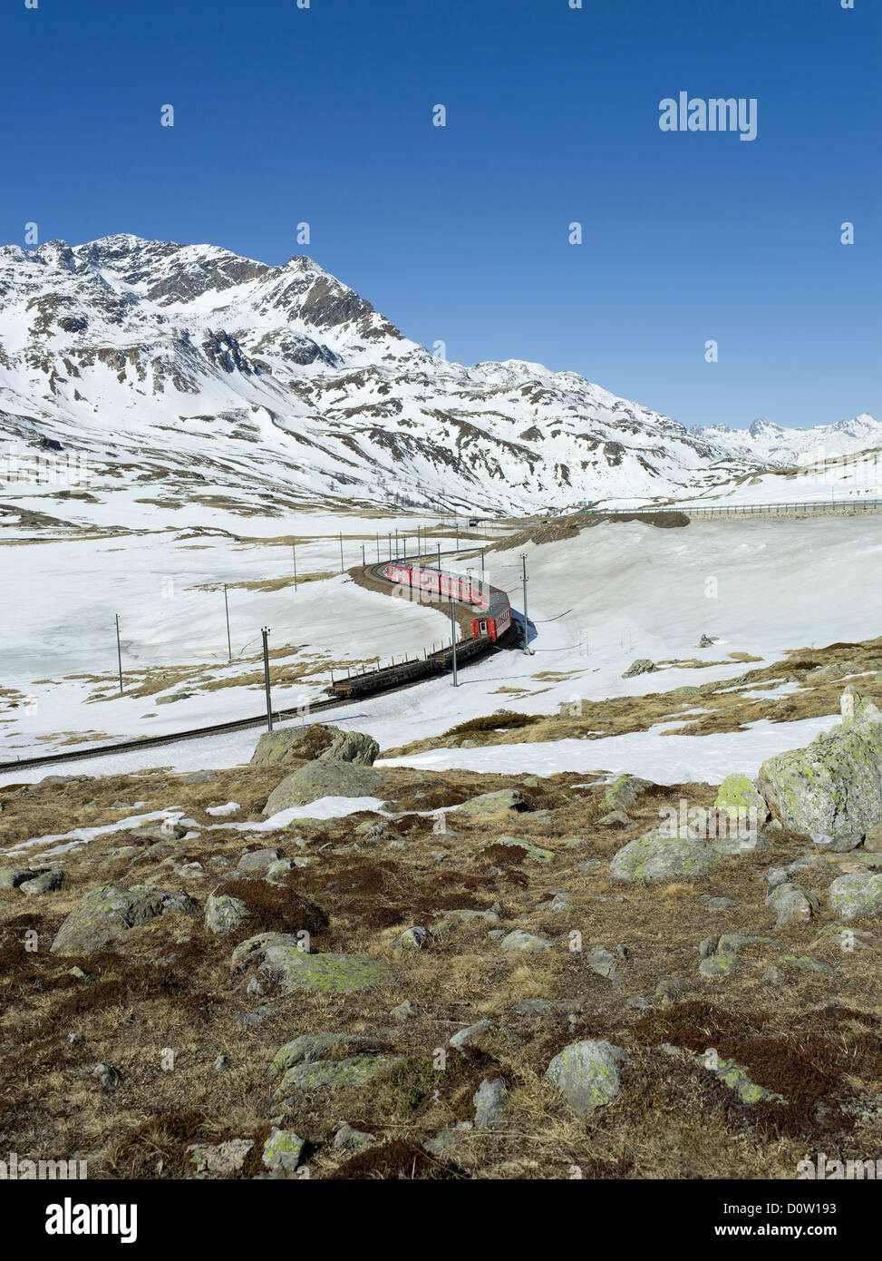 Switzerland, Europe, Grisons, Bernina, Pass, Red, Train, Unesco, winter ...