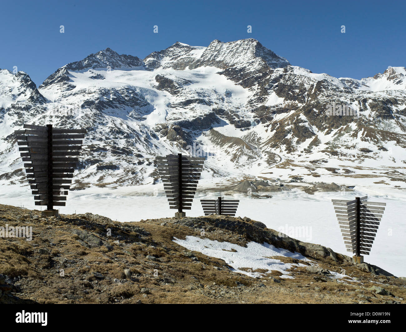 Switzerland, Europe, Grisons, Bernina, avalanche, protection, wooden ...