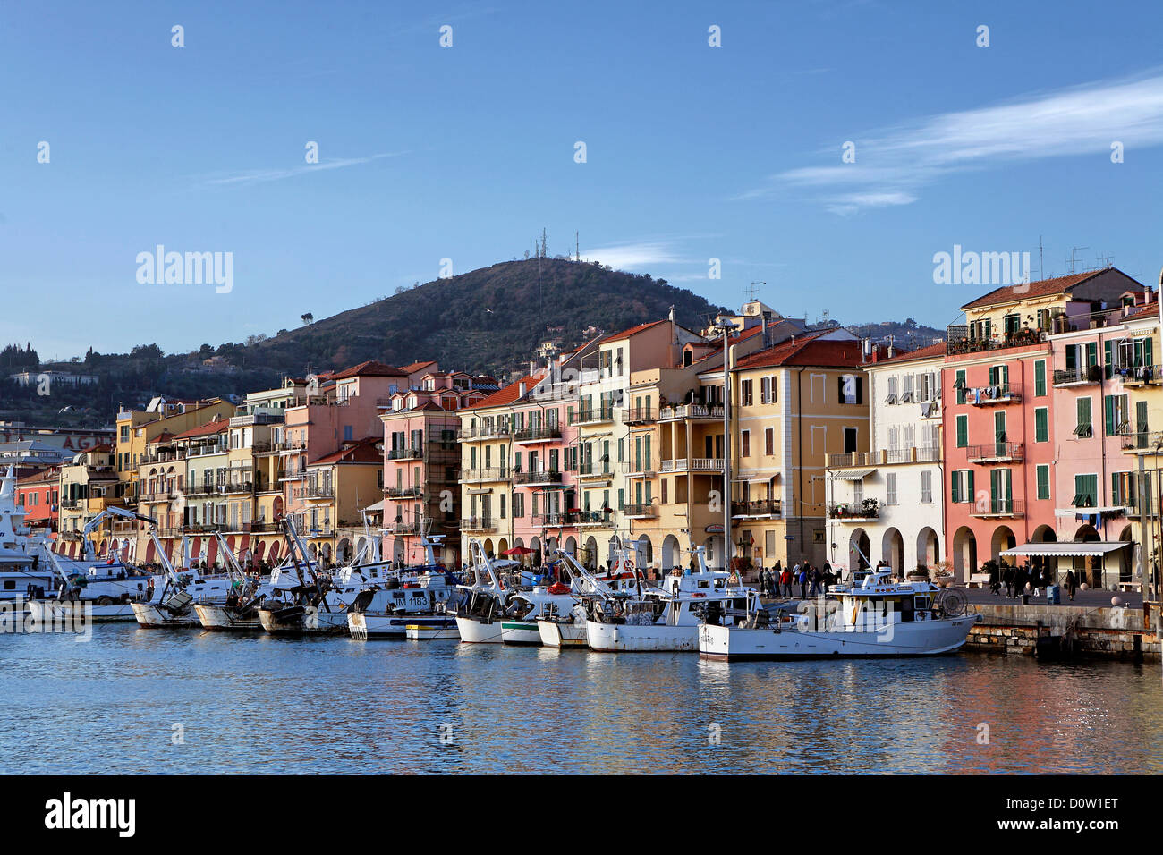 Italy, Europe, Liguria, Imperia, Oneglia, harbour, port, sea, houses ...
