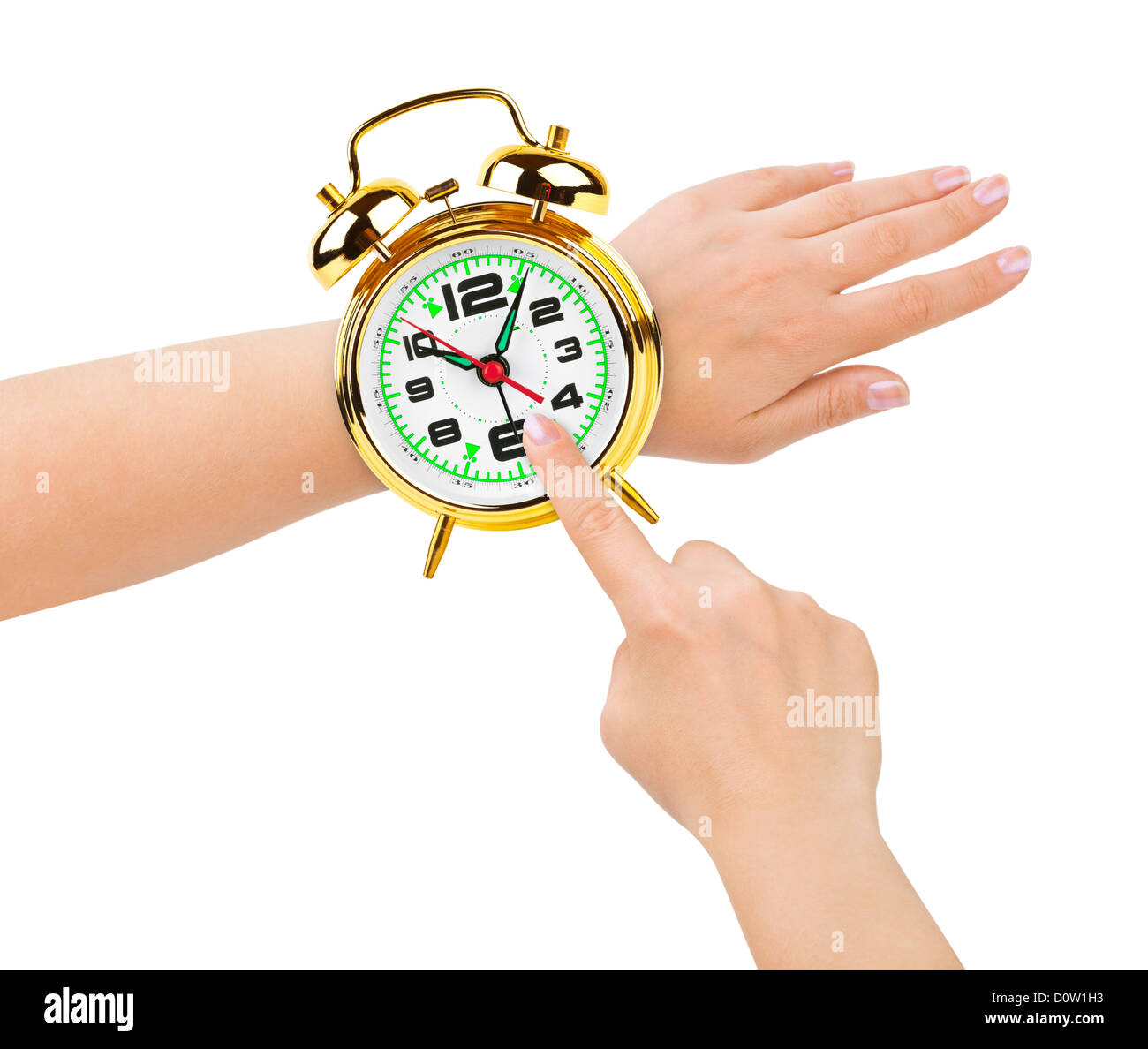 Hands and alarm clock like a watch Stock Photo - Alamy