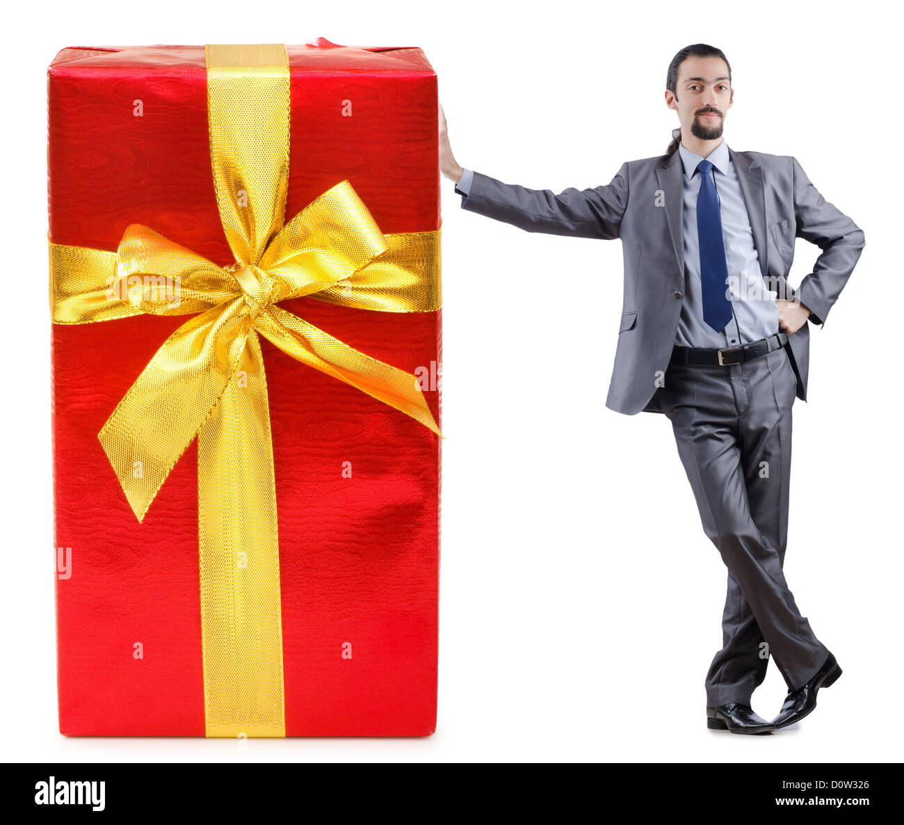 Businessman with gift boxes on white Stock Photo - Alamy