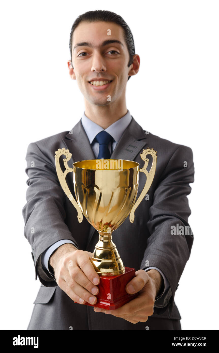 Man being awarded with golden cup Stock Photo - Alamy
