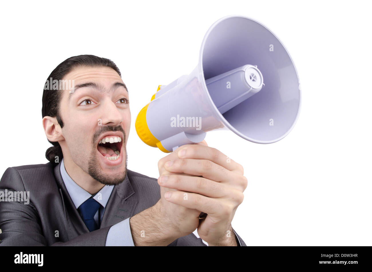 Man shouting and yelling with loudspeaker Stock Photo - Alamy