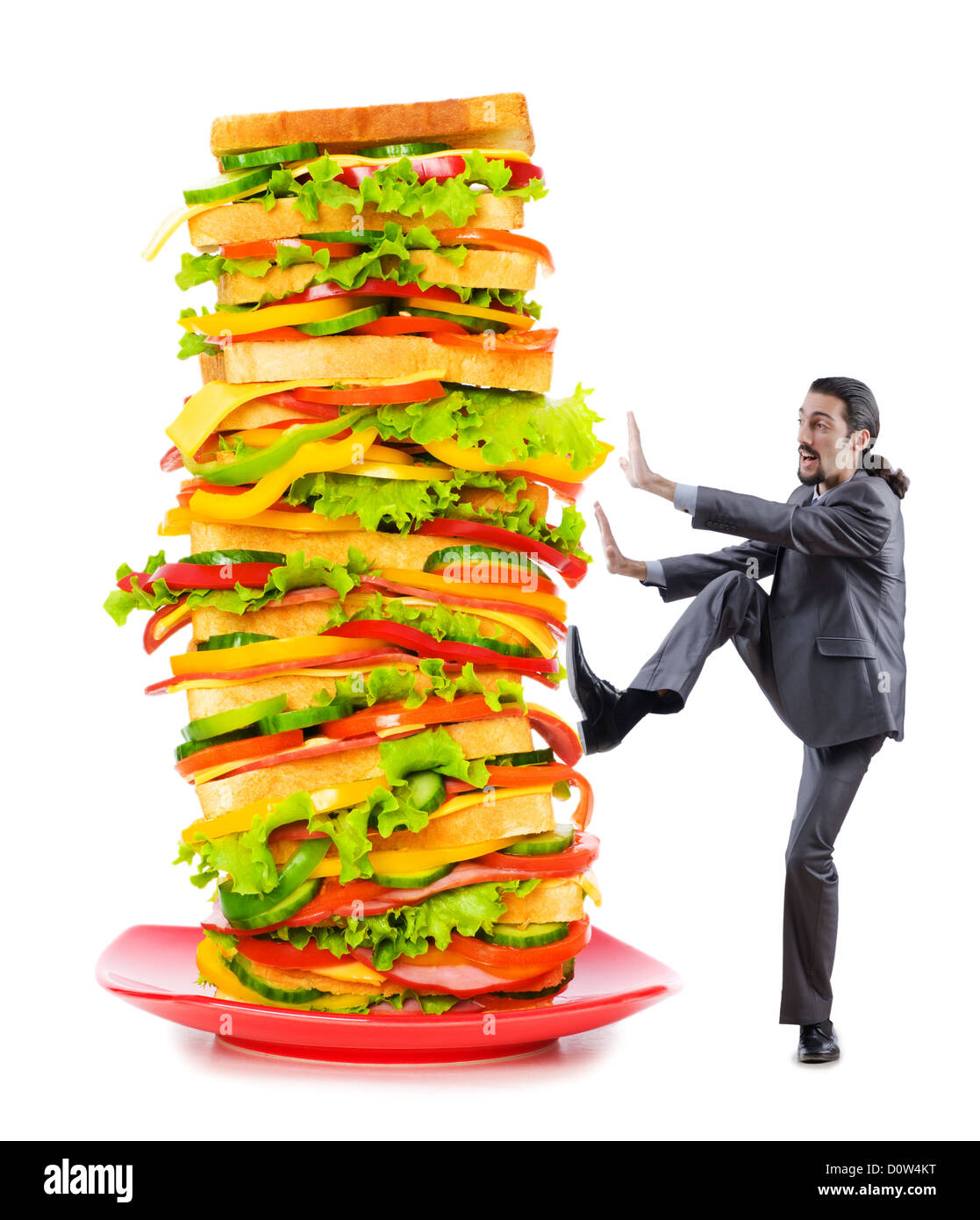 Man and giant sandwich on white Stock Photo - Alamy