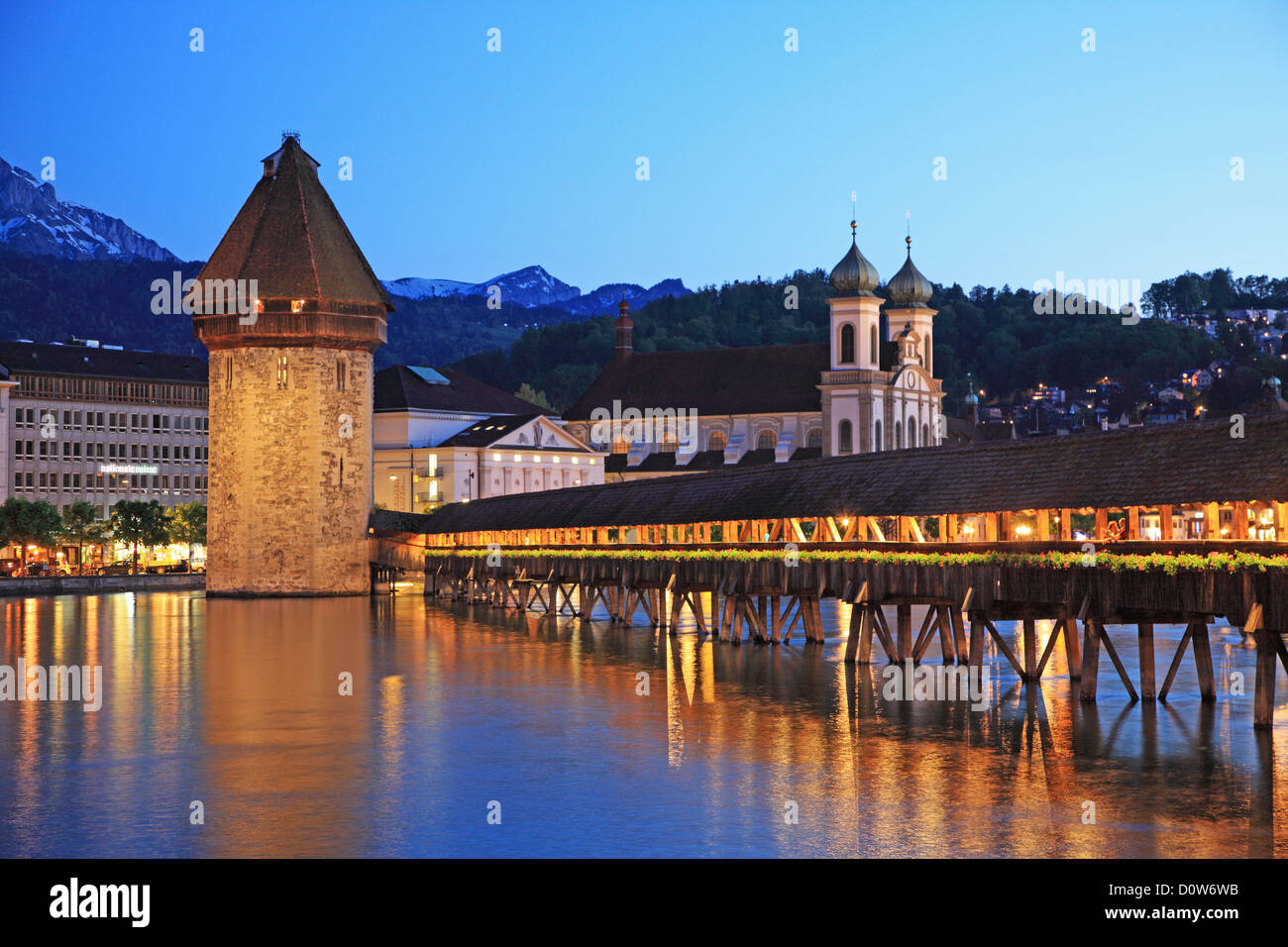 Switzerland, Canton Lucerne, Lucerne, Chapel Bridge, water tower and ...