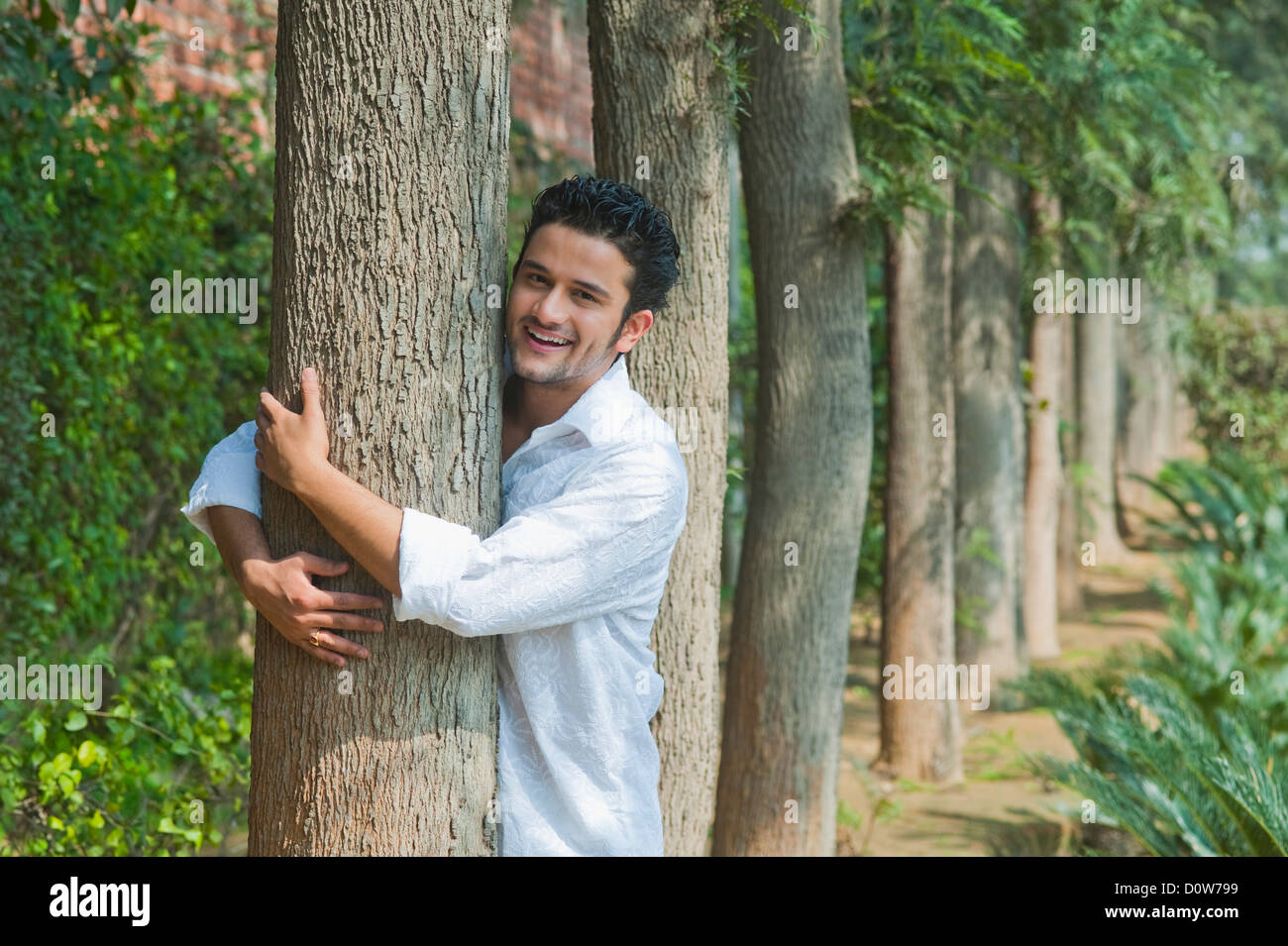 Man hugging a tree and smiling Stock Photo - Alamy