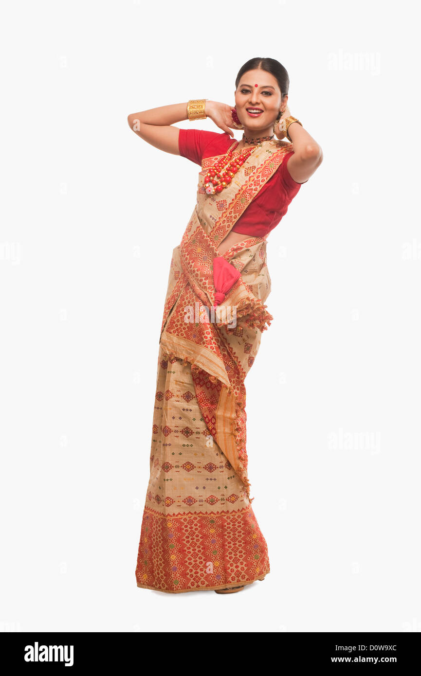 Portrait of a woman dancing on Bihu festival Stock Photo - Alamy
