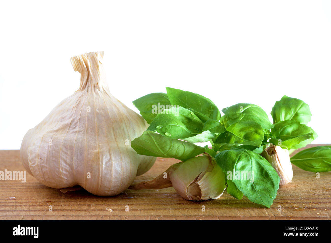 Garlic and basil on white background Stock Photo - Alamy