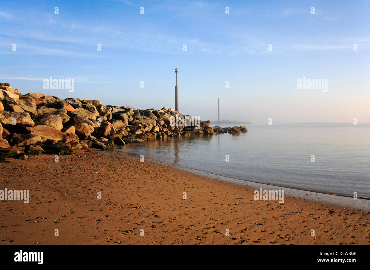 A view of artificial reefs in clearing sea mist at Sea Palling, Norfolk ...