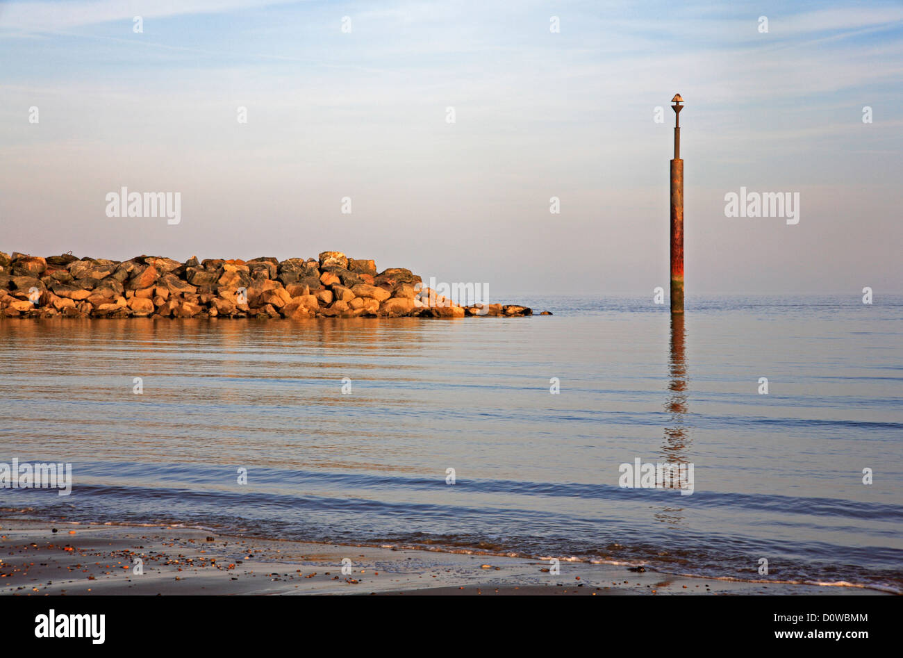 A view of an artificial reef and marker post at Sea Palling, Norfolk ...