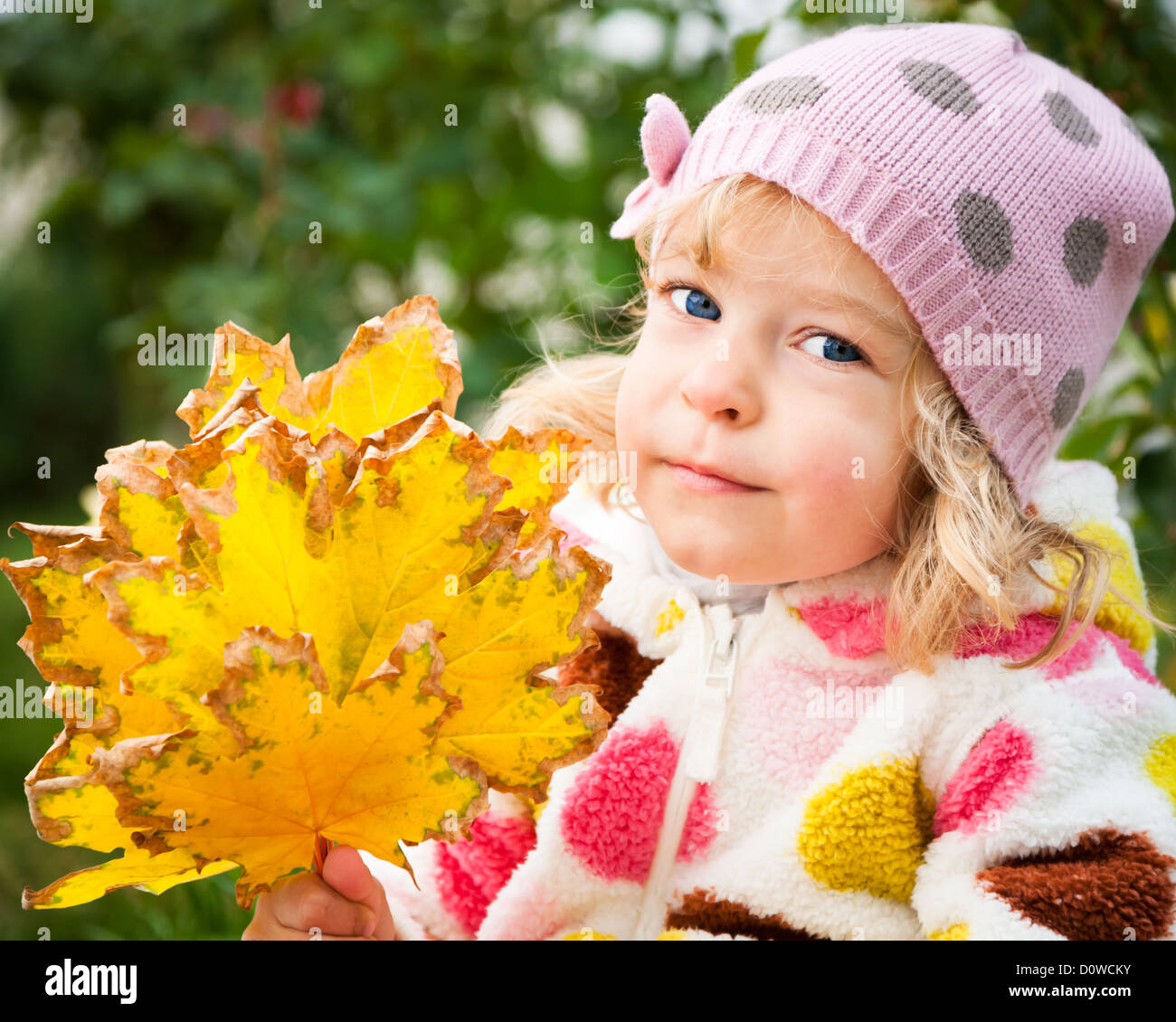 Child with bunch of autumn leaves Stock Photo - Alamy