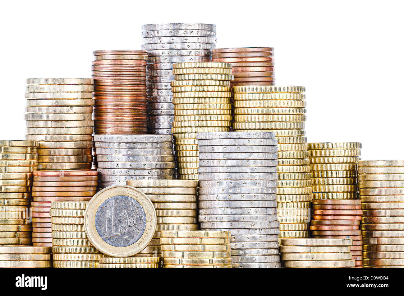 grouped stacks of EURO coins, isolated on white Stock Photo - Alamy