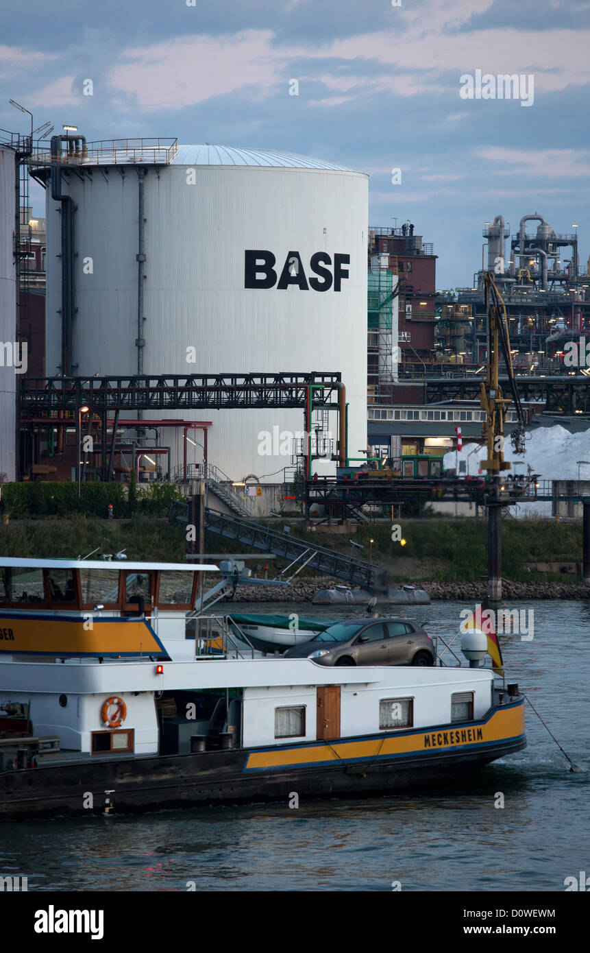 Ludwigshafen, Germany, BASF's main plant on the Rhine and a cargo ship ...