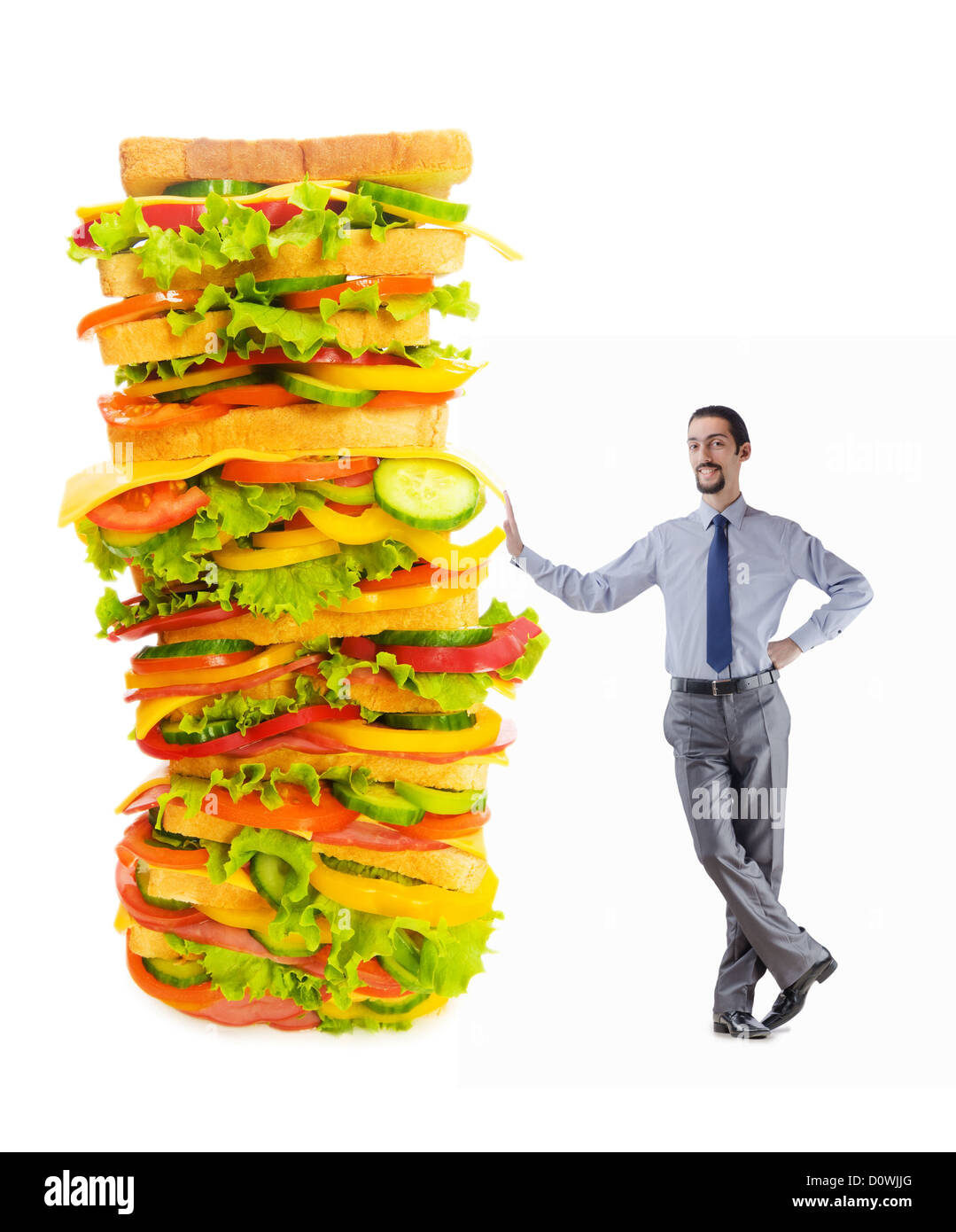 Man and giant sandwich on white Stock Photo - Alamy