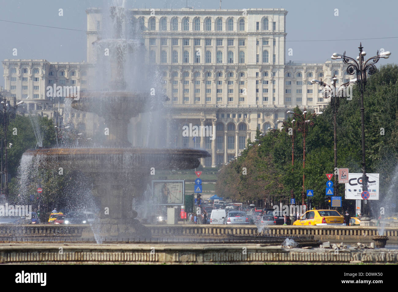 Bucharest, Romania, the fountain at the Unity Square and Palace of the ...