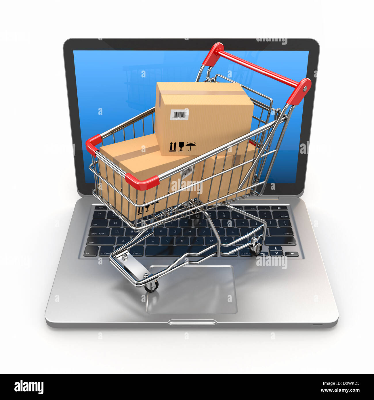 E-commerce. Shopping cart with cardboard boxes on laptop. 3d Stock ...