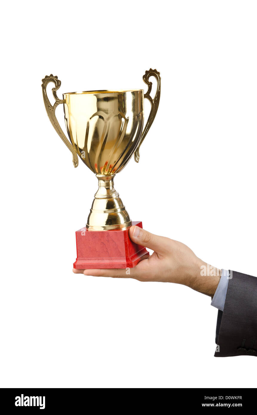 Golden trophy is being awarded to the winner hi-res stock photography ...