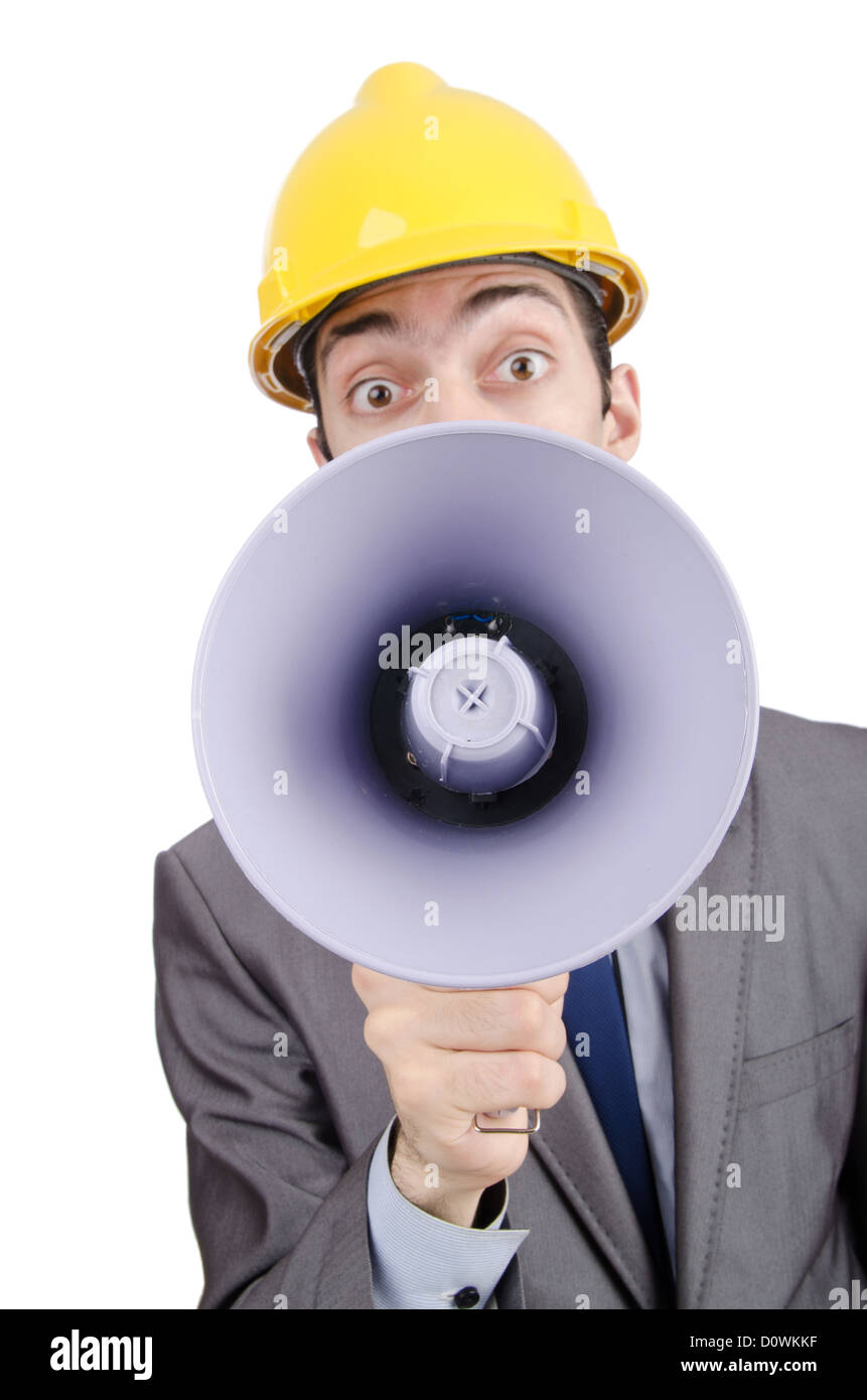 Man shouting and yelling with loudspeaker Stock Photo - Alamy