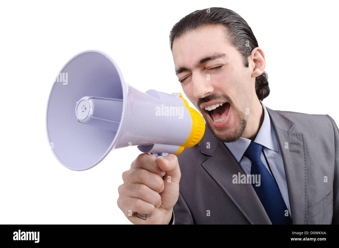 Man shouting and yelling with loudspeaker Stock Photo - Alamy
