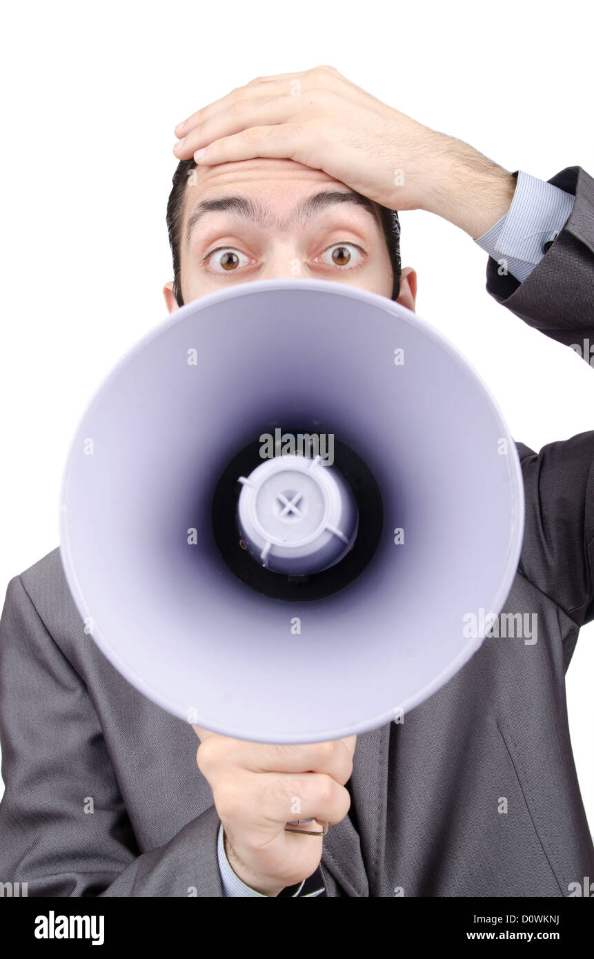 Man shouting and yelling with loudspeaker Stock Photo - Alamy