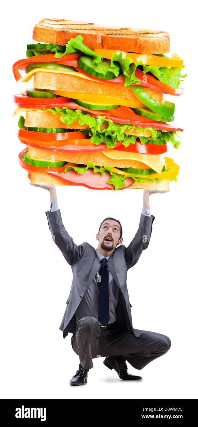 Man and giant sandwich on white Stock Photo - Alamy
