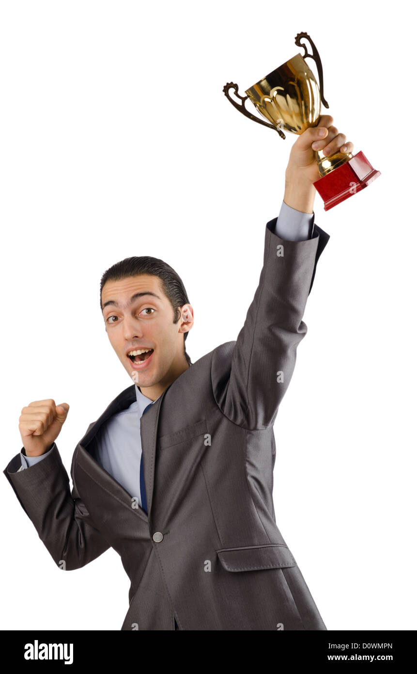 Man being awarded with golden cup Stock Photo - Alamy