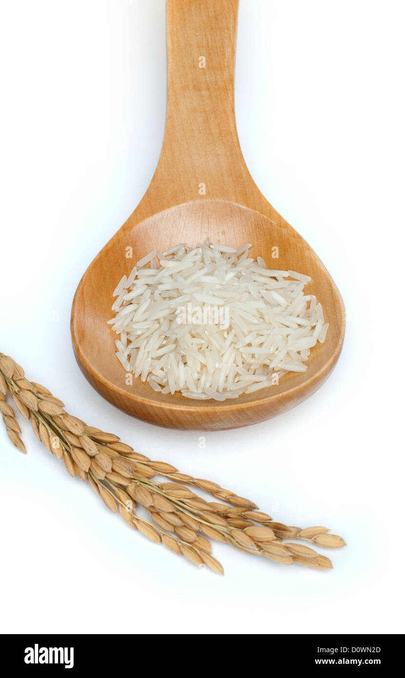 Basmati rice in wooden spoon on white background.Rice branch Stock ...