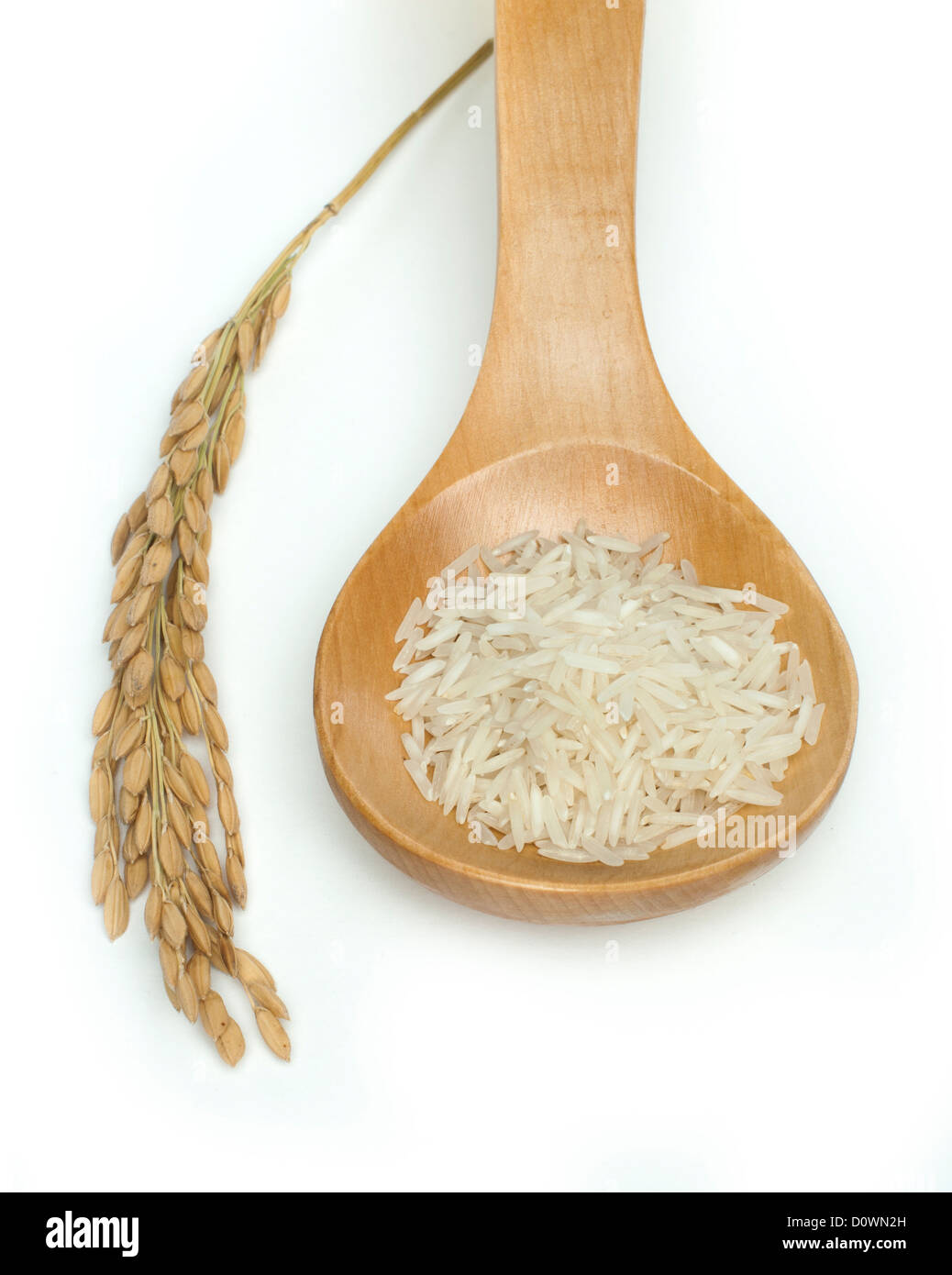 Basmati rice in wooden spoon on white background.Rice branch Stock ...