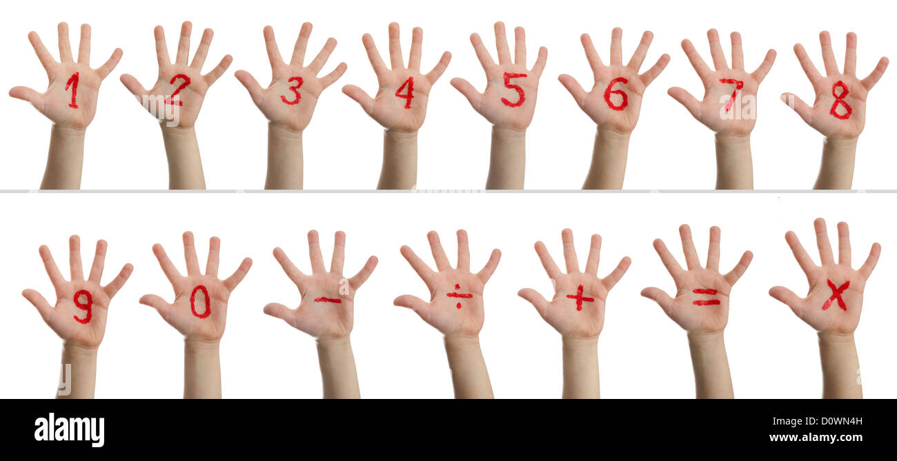 Children's hands with red color numbers and mathematical symbols Stock ...