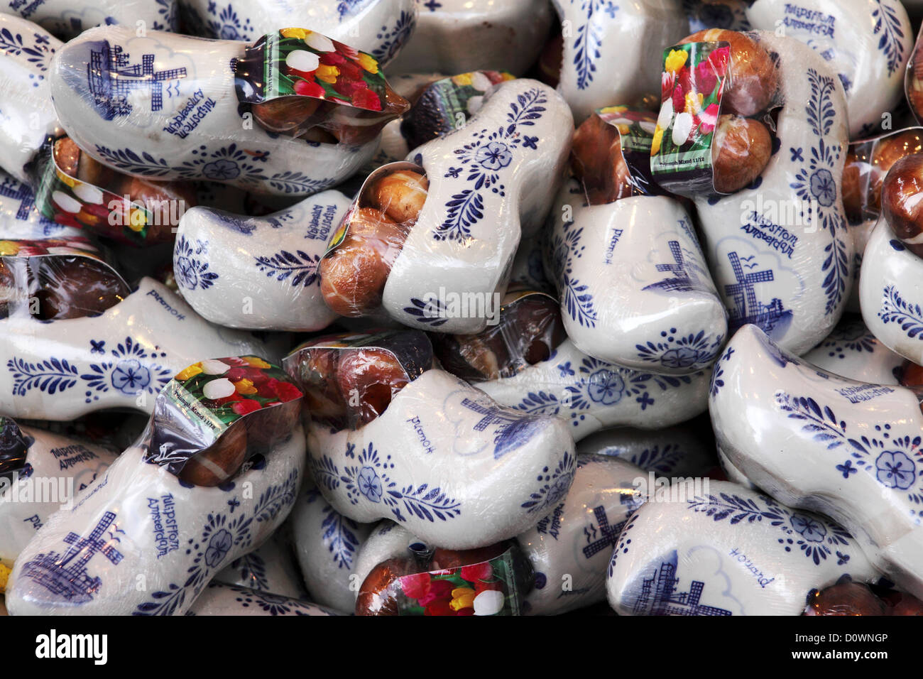 Ceramic clogs with tulip bulbs are sold as souvenirs in the Flower ...