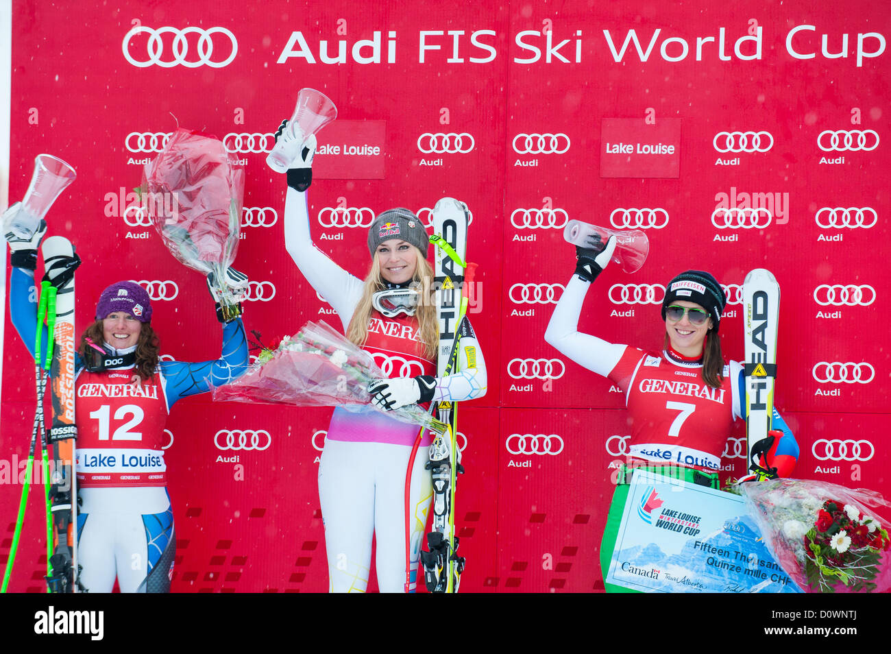 LAKE LOUISE, CANADA - DECEMBER 01: Stacey Cook (L) 2nd place Lindsey ...