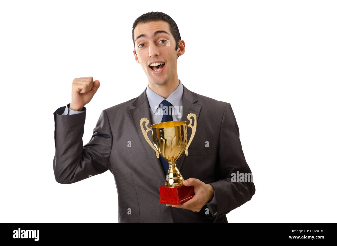 Man being awarded with golden cup Stock Photo - Alamy