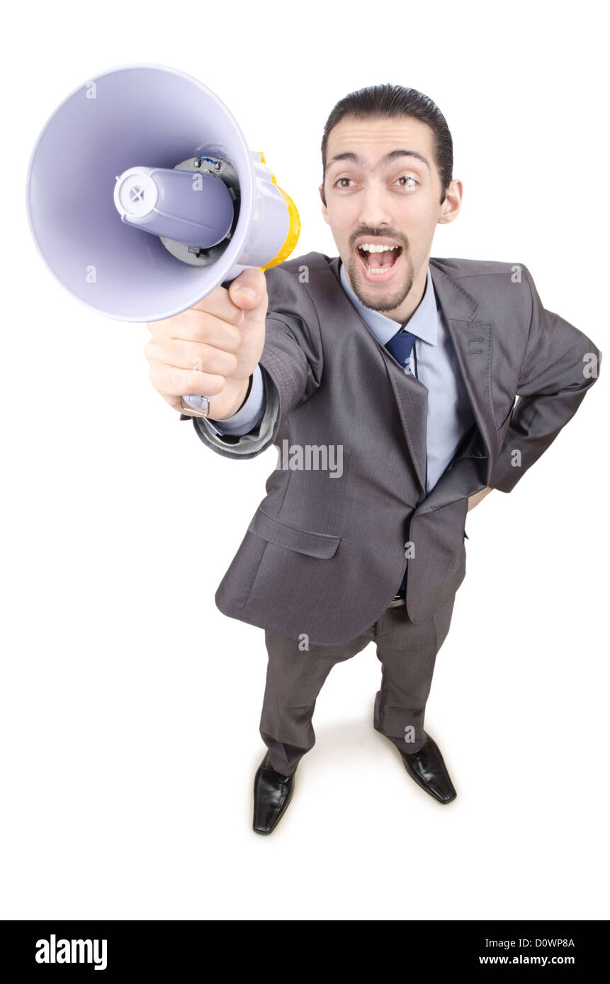 Man shouting and yelling with loudspeaker Stock Photo - Alamy