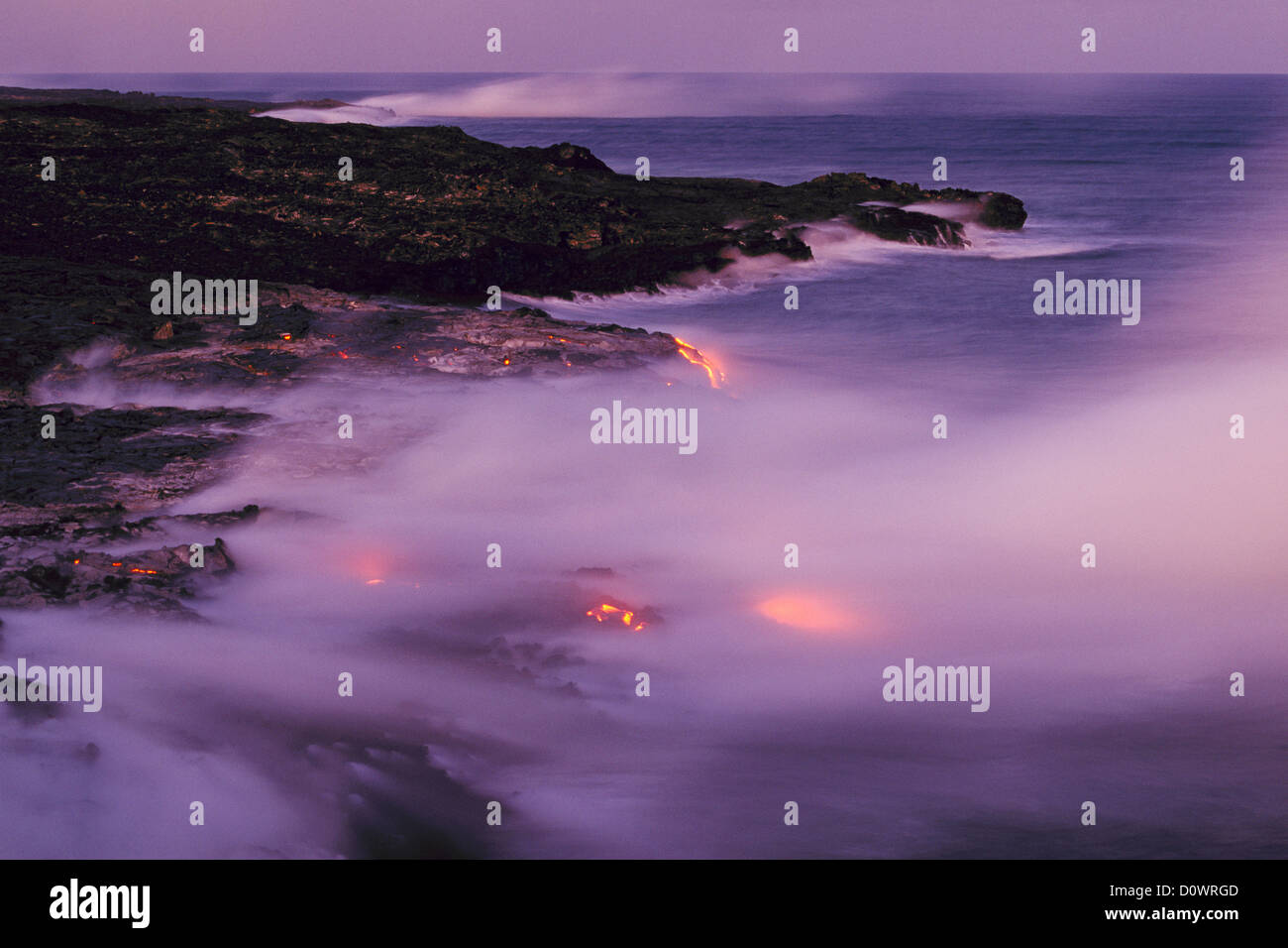 Pu'u O'u volcano eruption lava flow entering ocean; Hawaii Volcanoes National Park Stock Photo ...