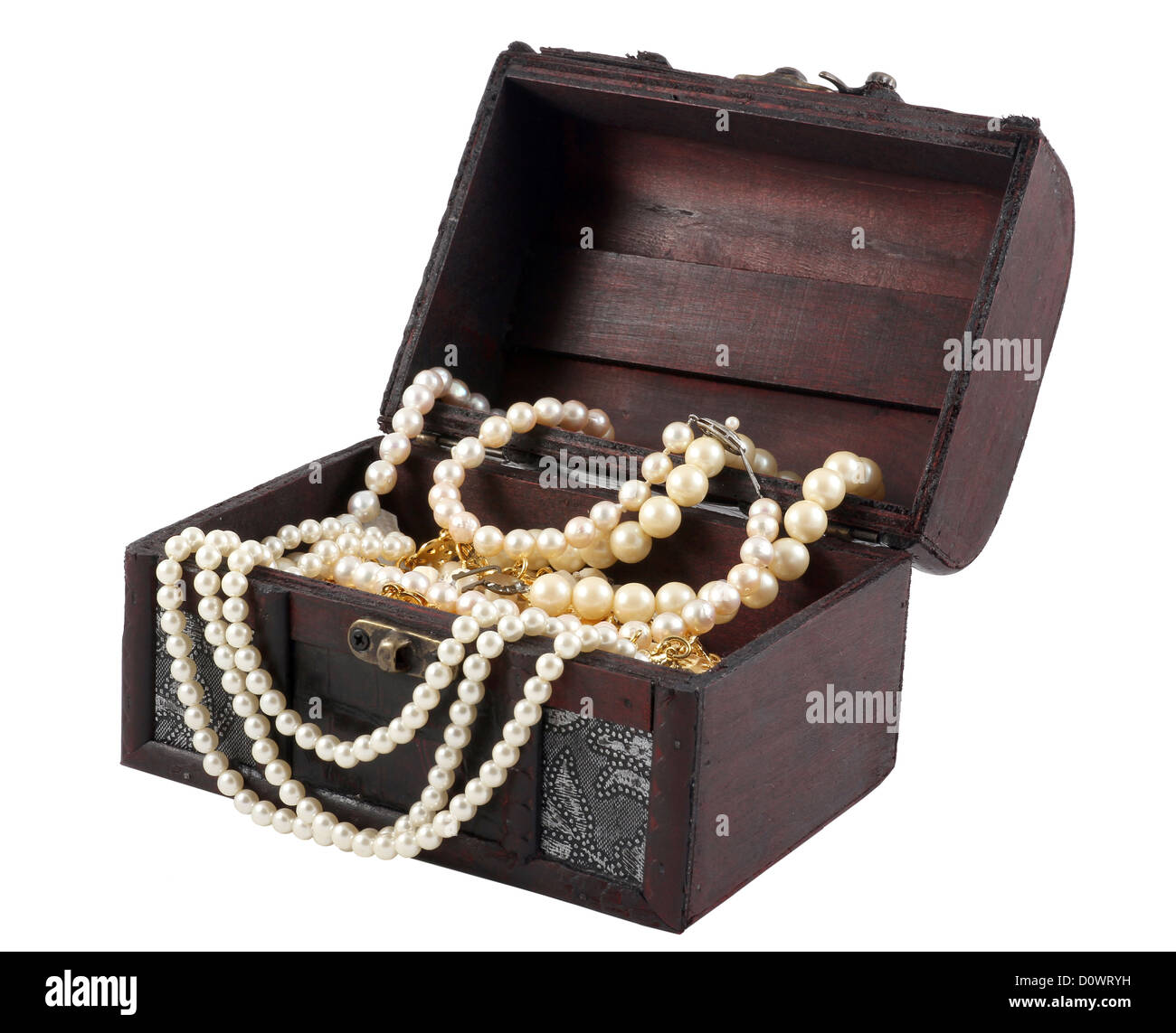 Pearl Necklace in the treasure box isolated on white background Stock ...