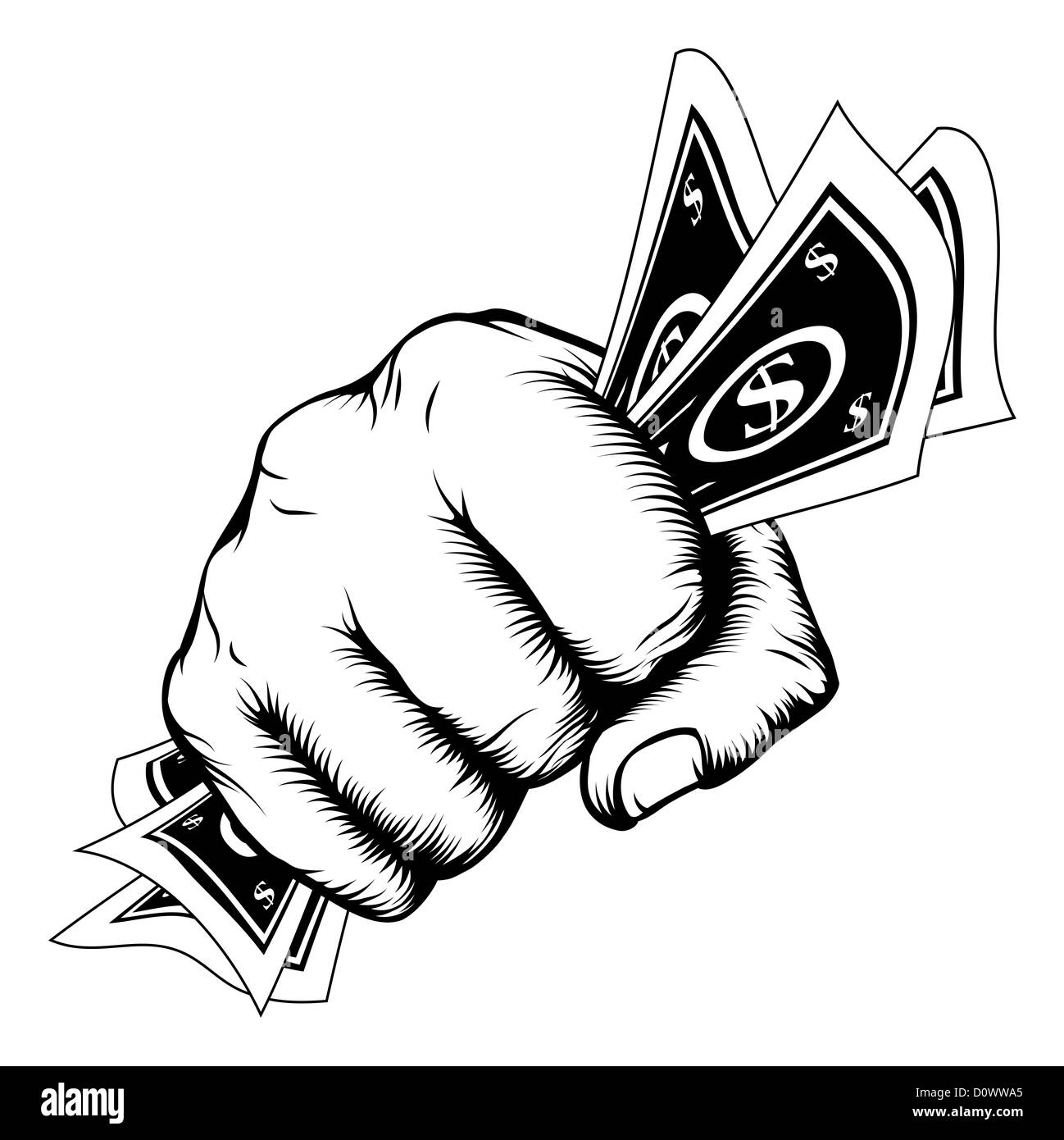 Hand in a fist with cash dollar bills illustration in woodcut retro ...