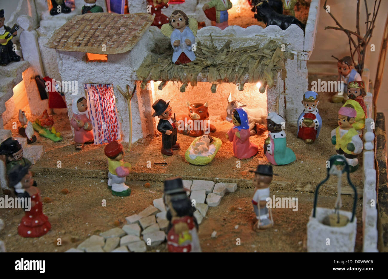 Crib with the nativity scene with figurines in mexico Stock Photo - Alamy