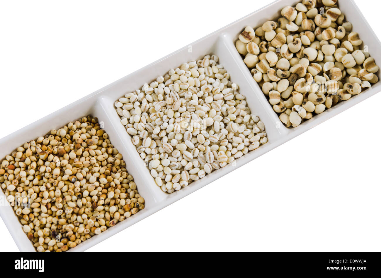 job's tears , barley and millet grains on white bowl Stock Photo - Alamy