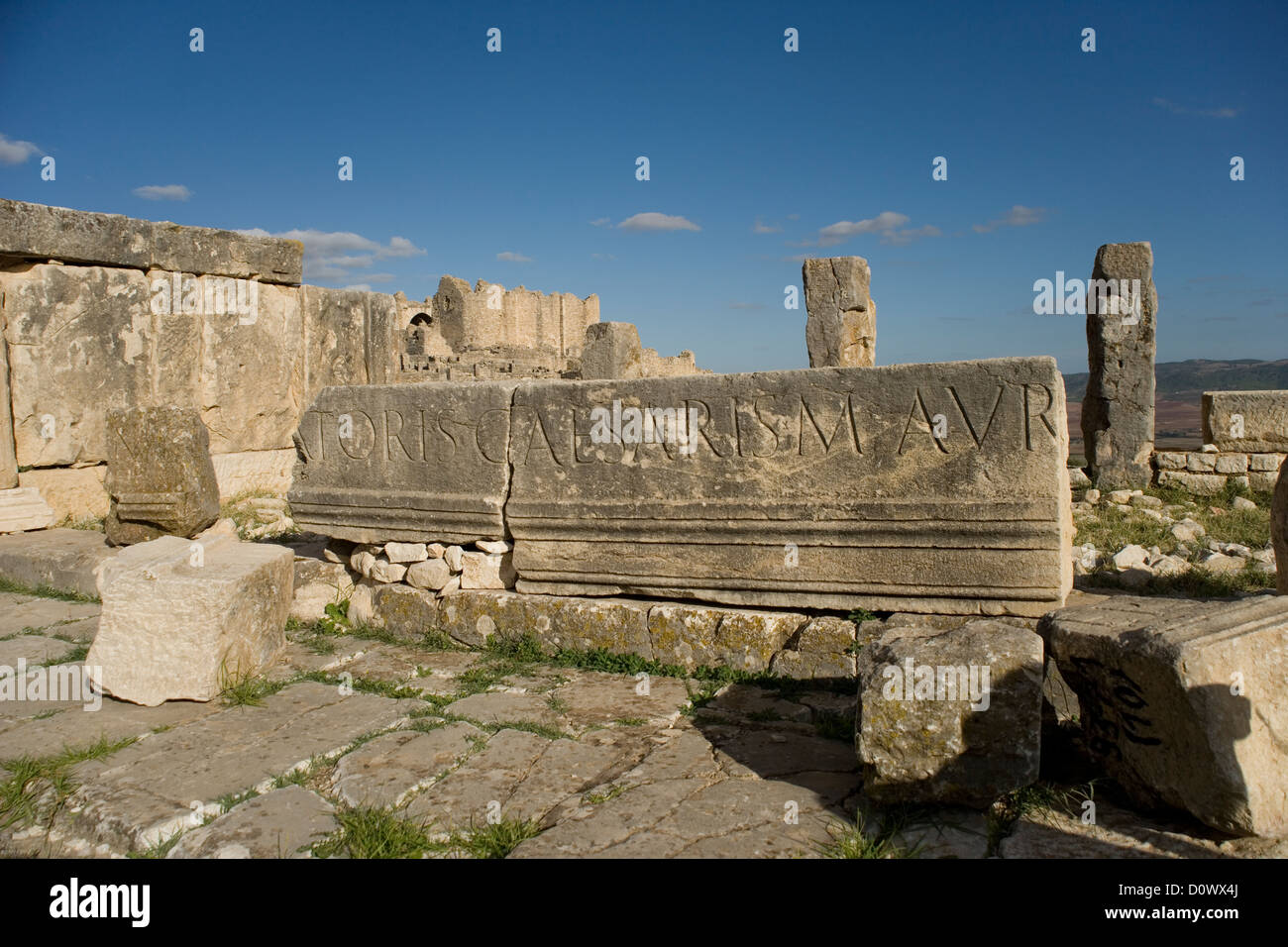 Stone with writing in Dougga the Roman city in Northern Tunisia Stock ...