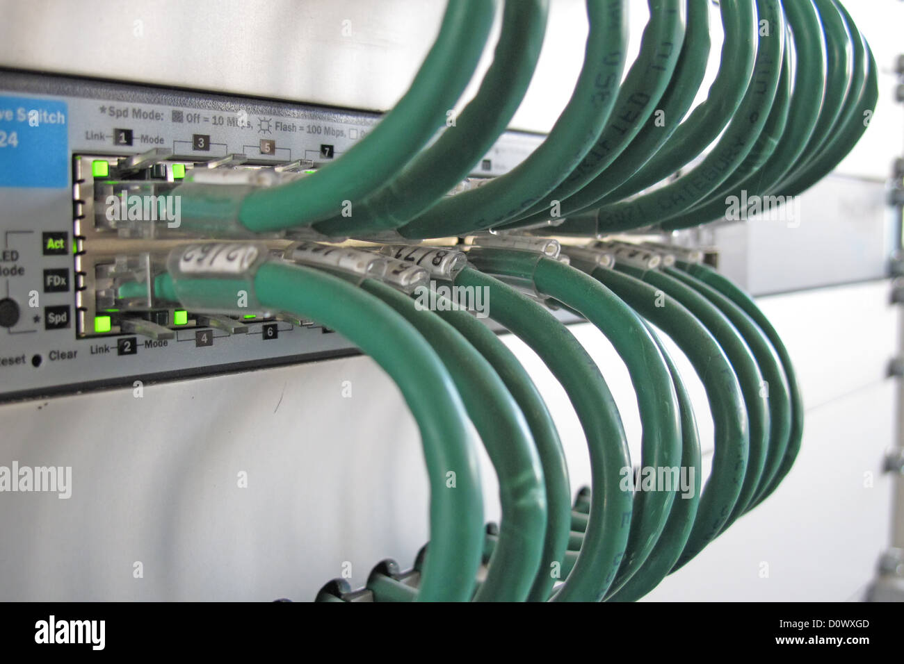 Green computer network cable in a rack of data processing center Stock ...