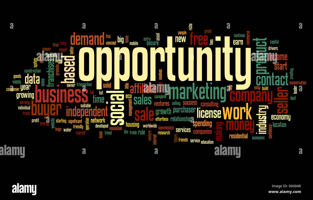 Opportunity concept in word tag cloud on black background Stock Photo ...