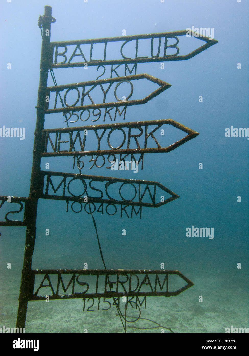 City distance sign underwater Stock Photo - Alamy