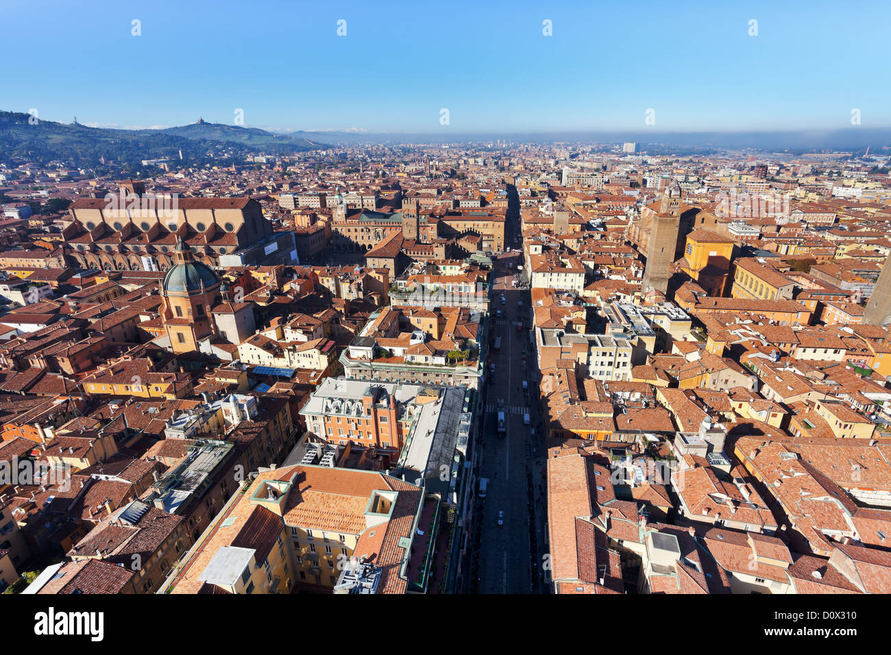 aerial bird eye view from Asinelli Tower on Strada Maggiore in Bologna ...
