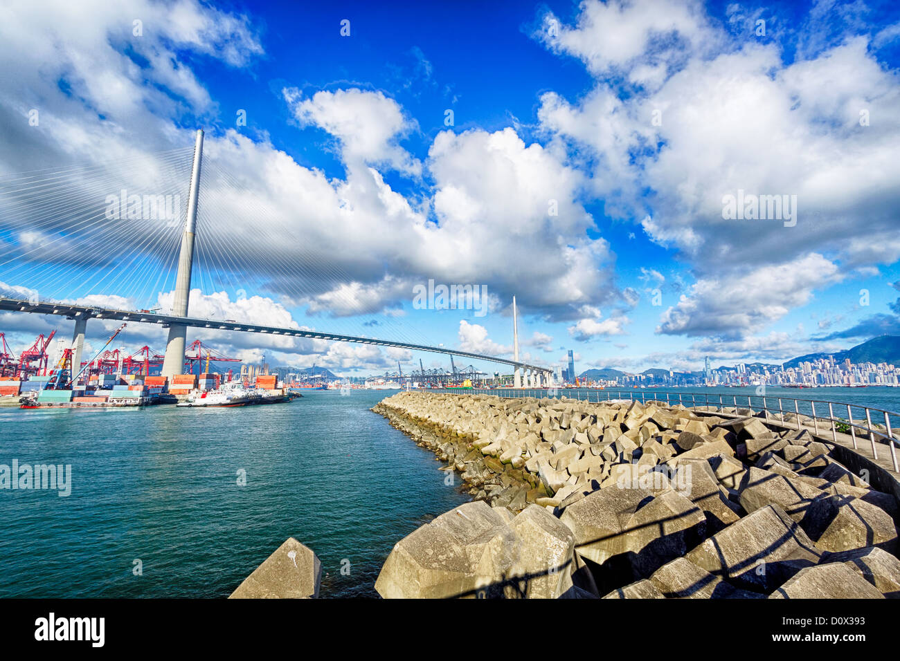 Port warehouse with containers and industrial cargoes , view under ...